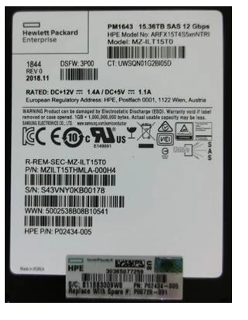 Samsung MZILT15THMLA-000H4 PM1643 15.36TB 2.5inch SAS 12Gbps SSD