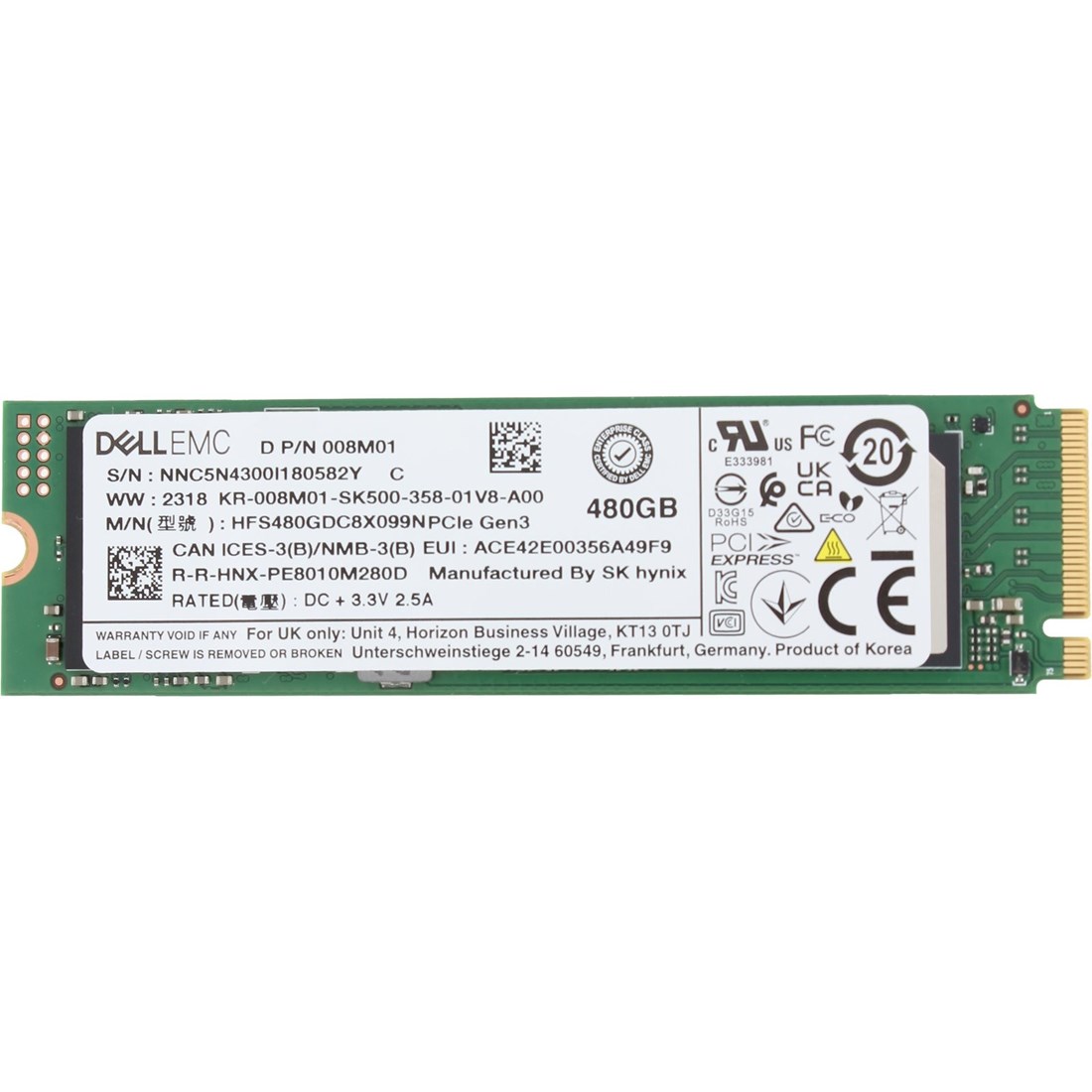 Dell 08M01 480GB PCIe NVMe Read Intensive M.2 Solid State Drive